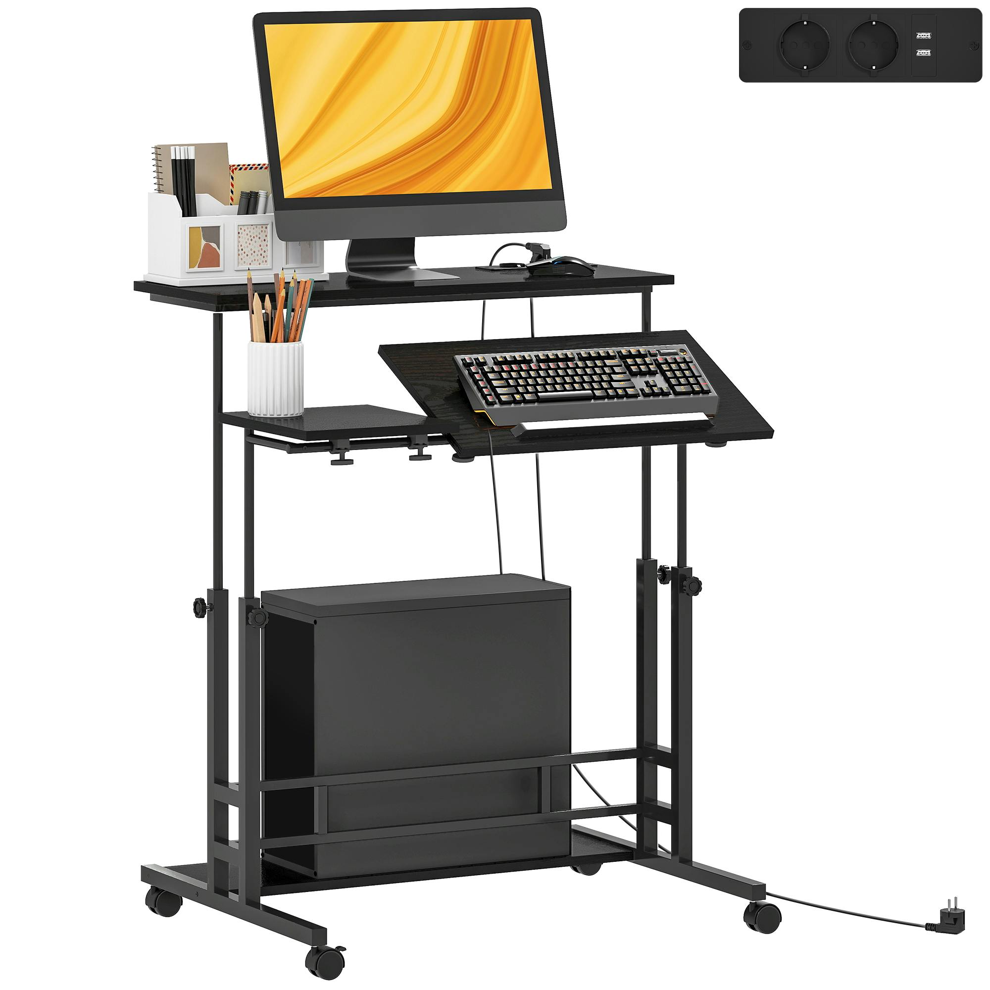 HOMCOM escritorio elevable con ruedas, enchufes, puertos usb, altura ...