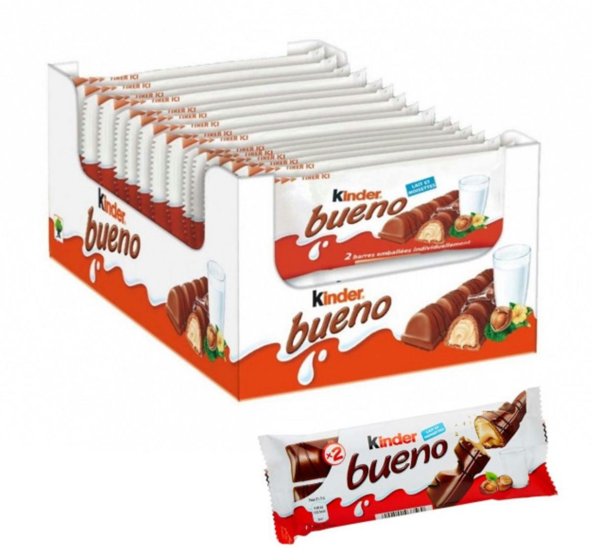Kinder Bueno - Fine Gaufrette Chocolat au Lait avec un Coeur Lait et ...