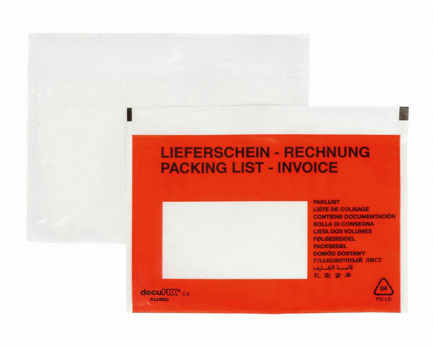 500x DOCUFIX Dokumententaschen *Lieferschein/Rechnung* C6 175x115+20mm ...