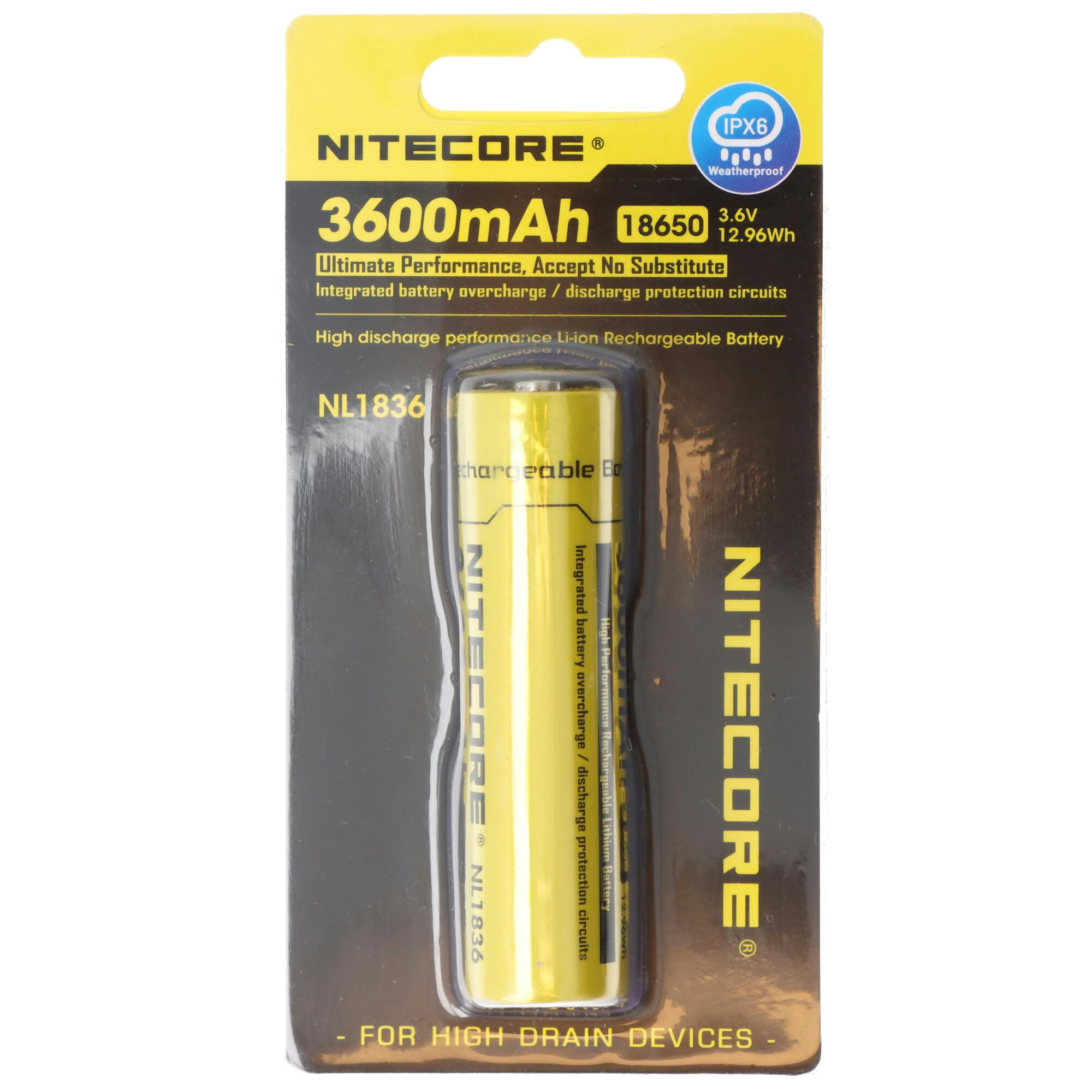 Nitecore Li-Ion Akku Typ 18650 3600mAh, NL1836R, mit USB-C-Ladeanschluss und Lade-Anzeige | METRO