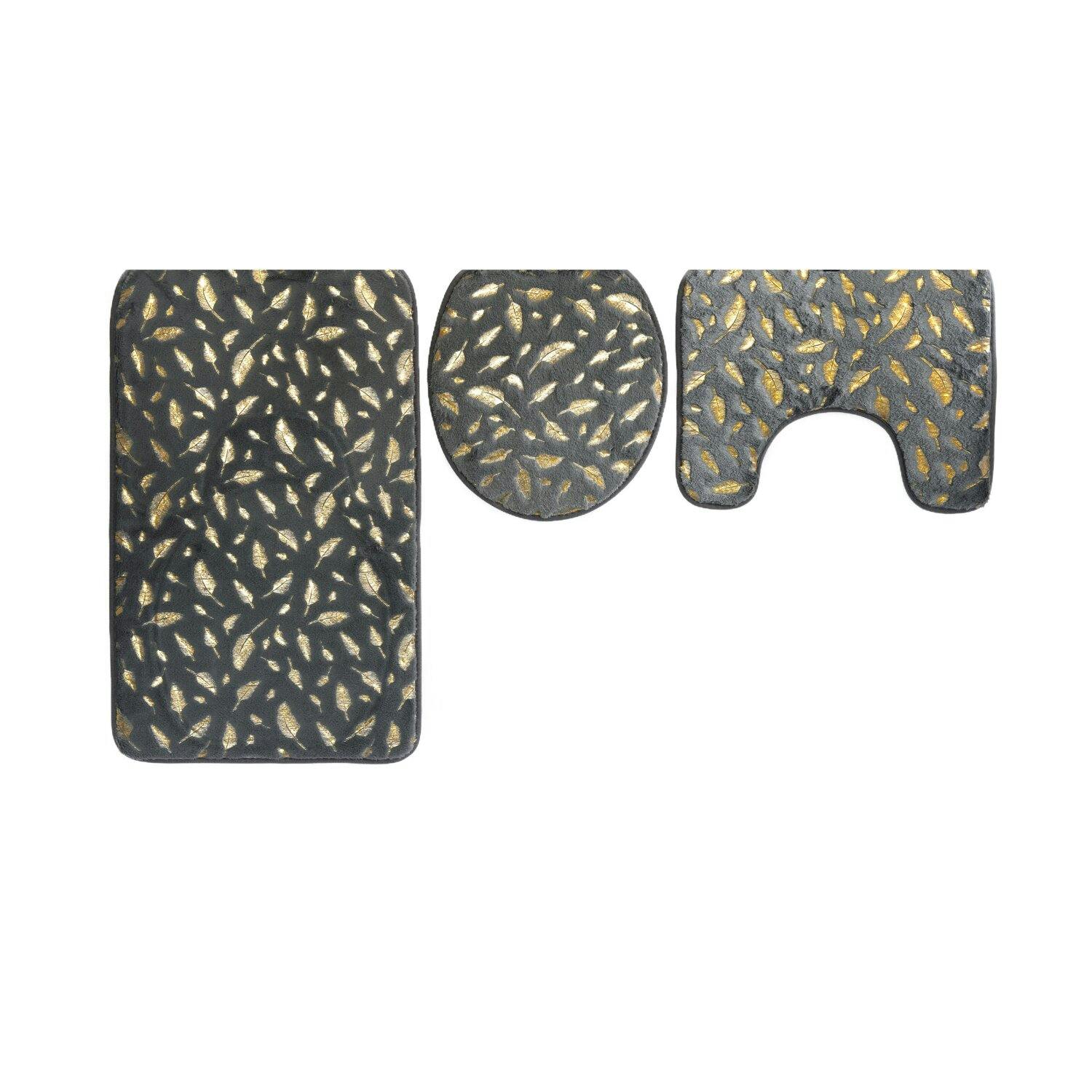 3 teiliges Badematten-Set mit Federmotiv Rutschfest und Grau | METRO