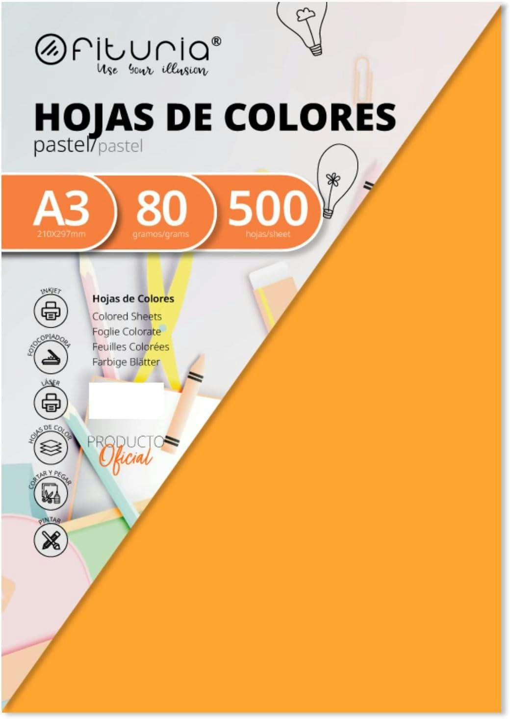 Pack de 500 Hojas, Color Naranja Claro Tamaño A3 80g, Colores Intensos ...