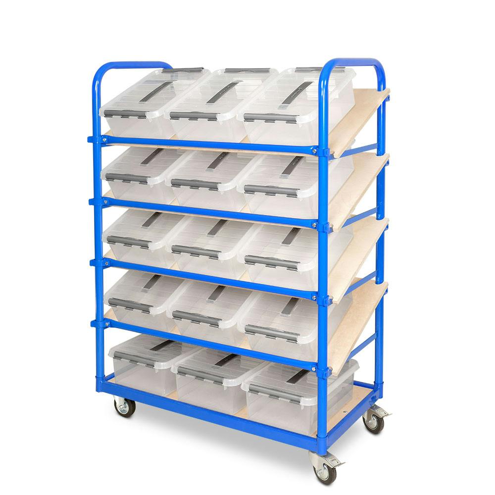 Schrägboden-Regalwagen mit 5 Ebenen, bestückt mit 15 Clipboxen je 12 ...