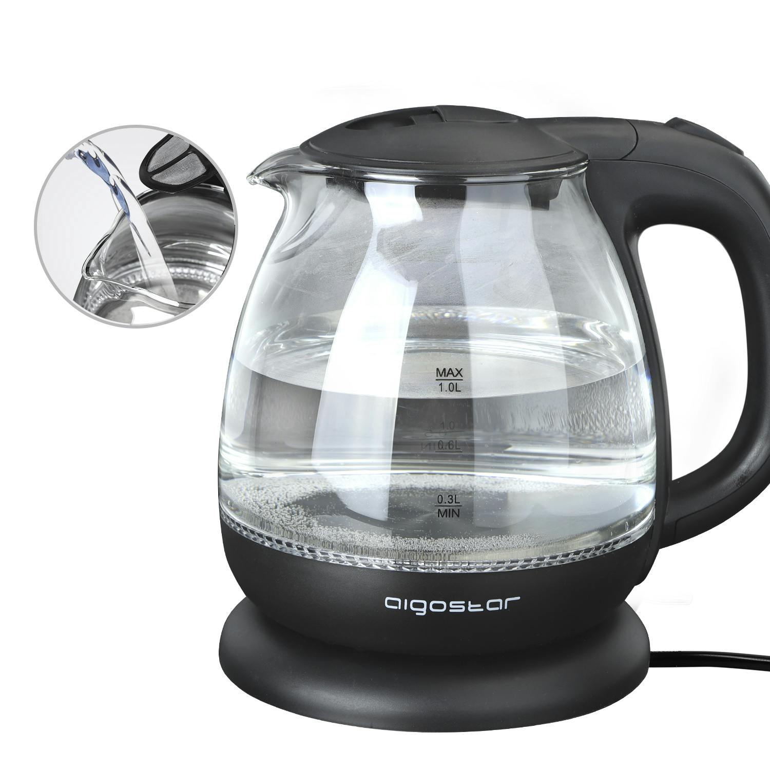 Aigostar-2200 W 1 L Mini-Wasserkocher aus Glas,1850-2200W,Schwarz,Elfin ...