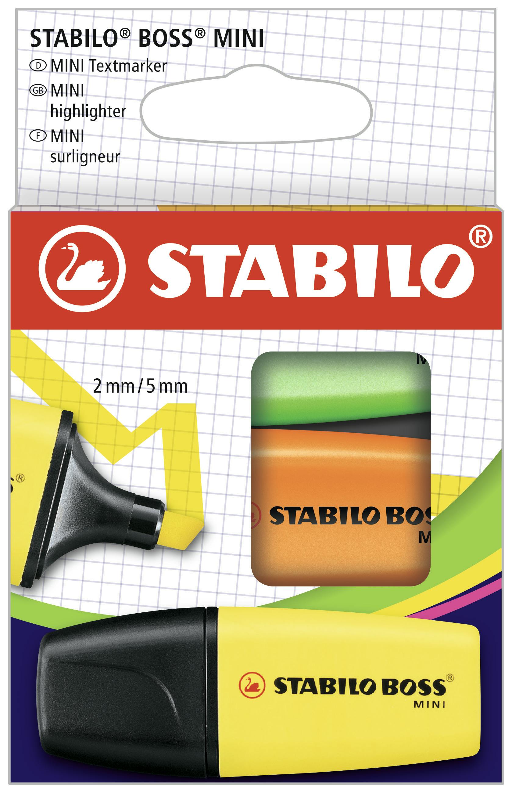 Textmarker - STABILO BOSS MINI - 3er Pack - gelb, orange, grün | METRO