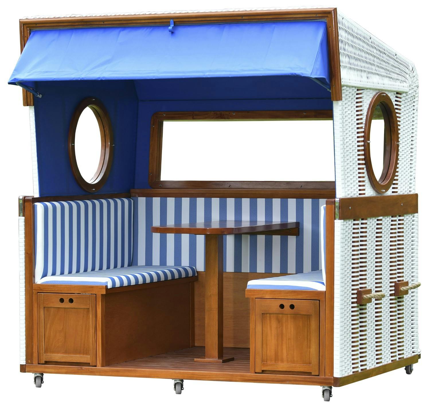 Gosch-Lounge Strandkorb 6-Sitzer Mahagoni - PE weiß - Modell blau/weiß ...