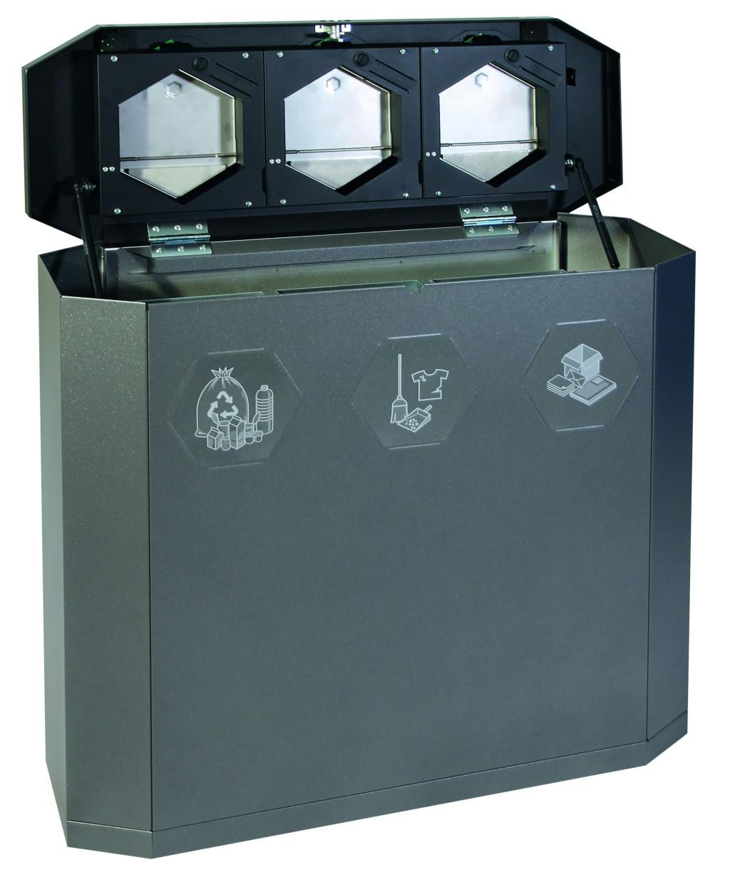 Sixco Recycling-Station-3fach, 3 x 45 Liter, eisenglimmer, mit Klappen ...