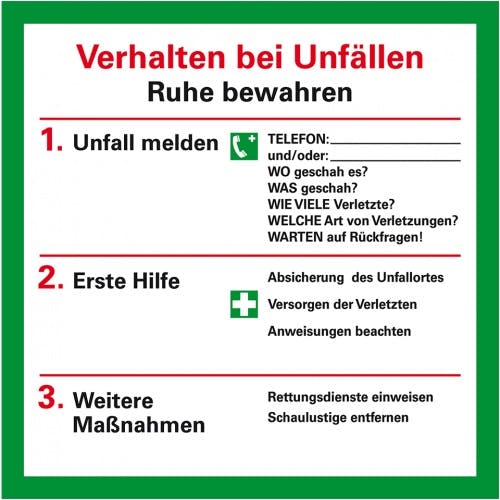 Schild I Aushang Verhalten bei Unfällen, Kunststoff, 200x200mm | METRO