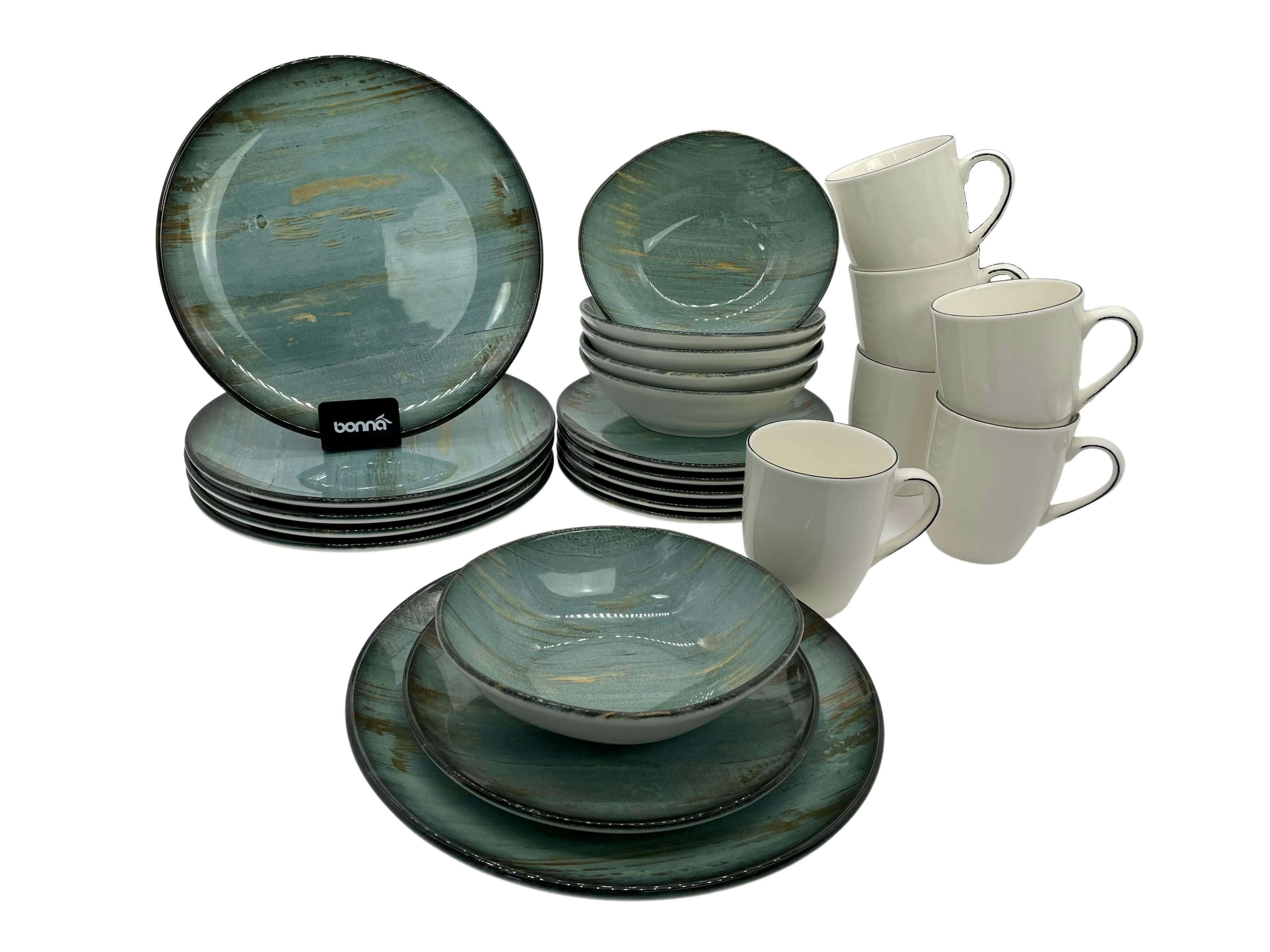 24er Bonna Madera Mint Geschirrset Türkis Blau Braun Porzellan Kombiservice | METRO