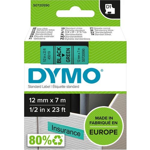 Dymo D1 tape 12 mm, zwart op groen | Makro
