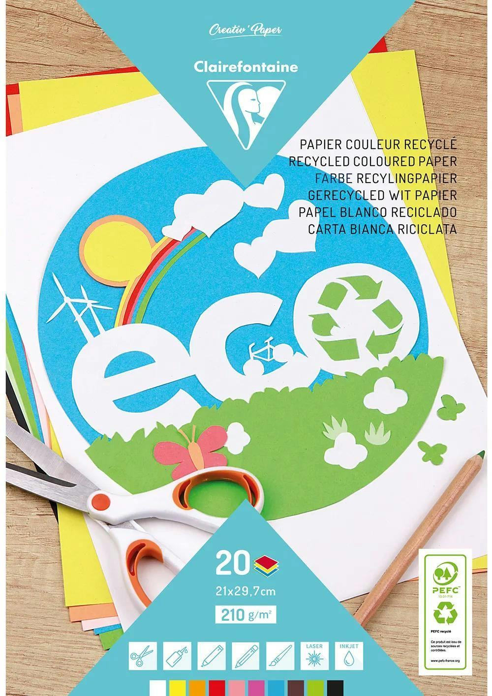 Clairefontaine 5x Farbiges Recyclingpapier, Block mit 20 Blatt A4, 210g, 10 Farben sortiert ...