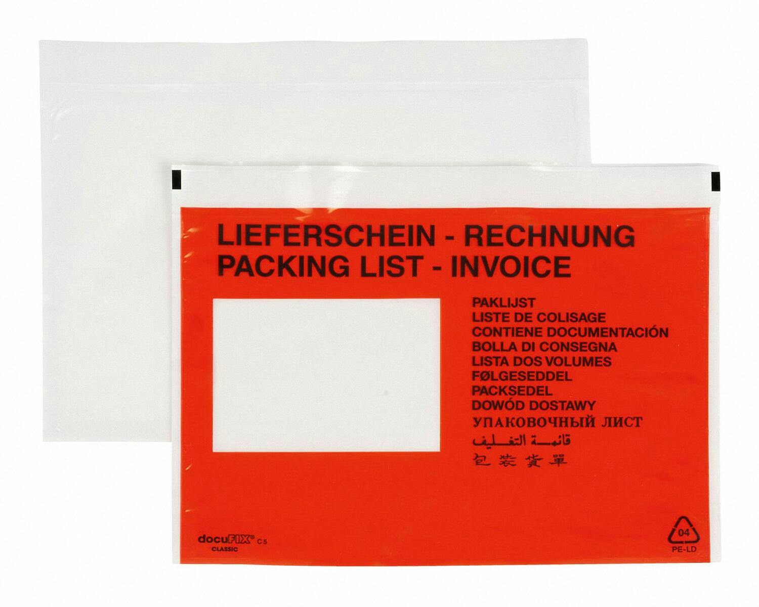 250x DOCUFIX Dokumententaschen *Lieferschein/Rechnung* C5 240x165+20mm ...