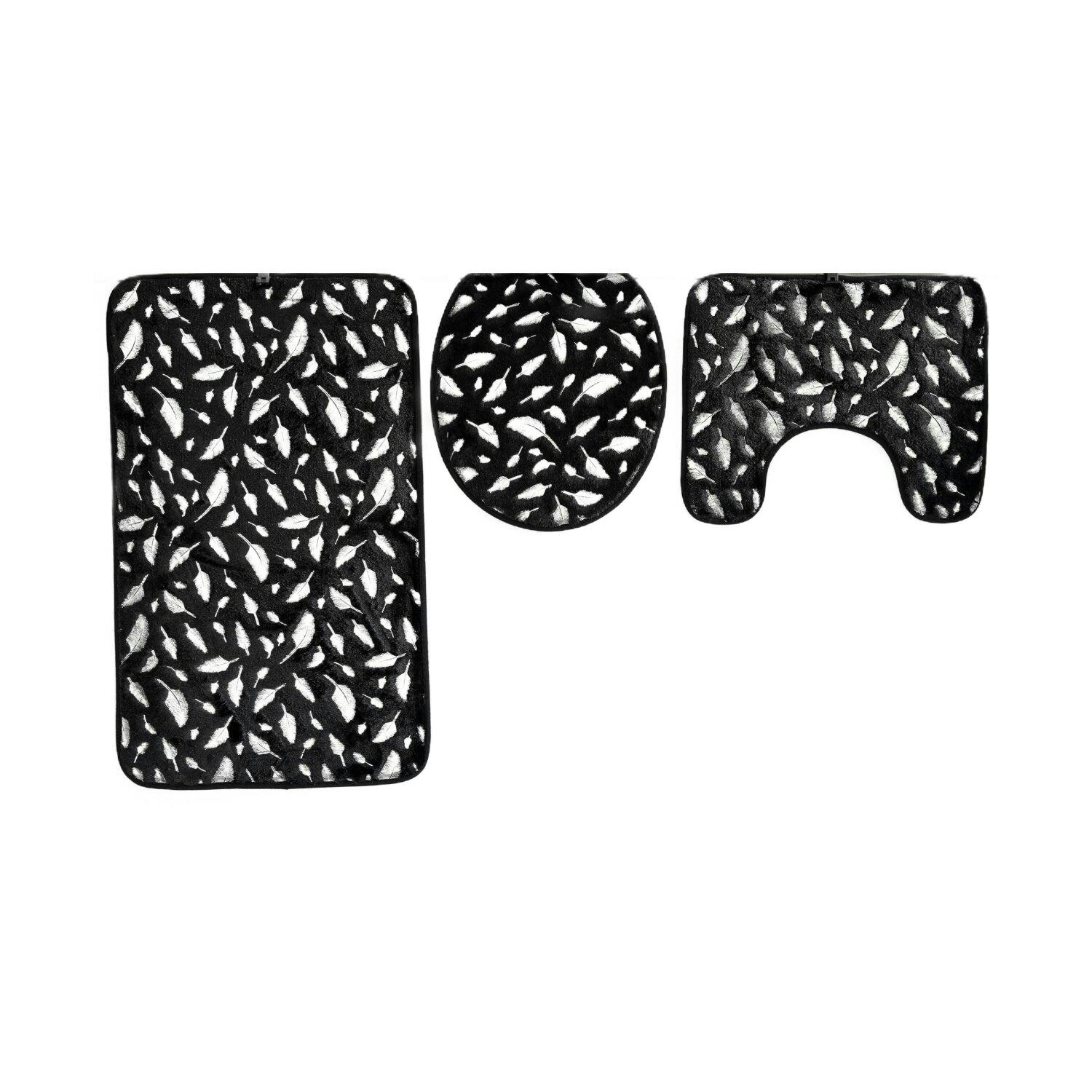 3 teiliges Badematten-Set mit Federmotiv Rutschfest und Schwarz | METRO