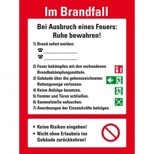 Schild I Aushang Verhaltensregeln Im Brandfall, Kunststoff, 210x297mm, ASR A1.3, DIN EN ISO 7010 ...