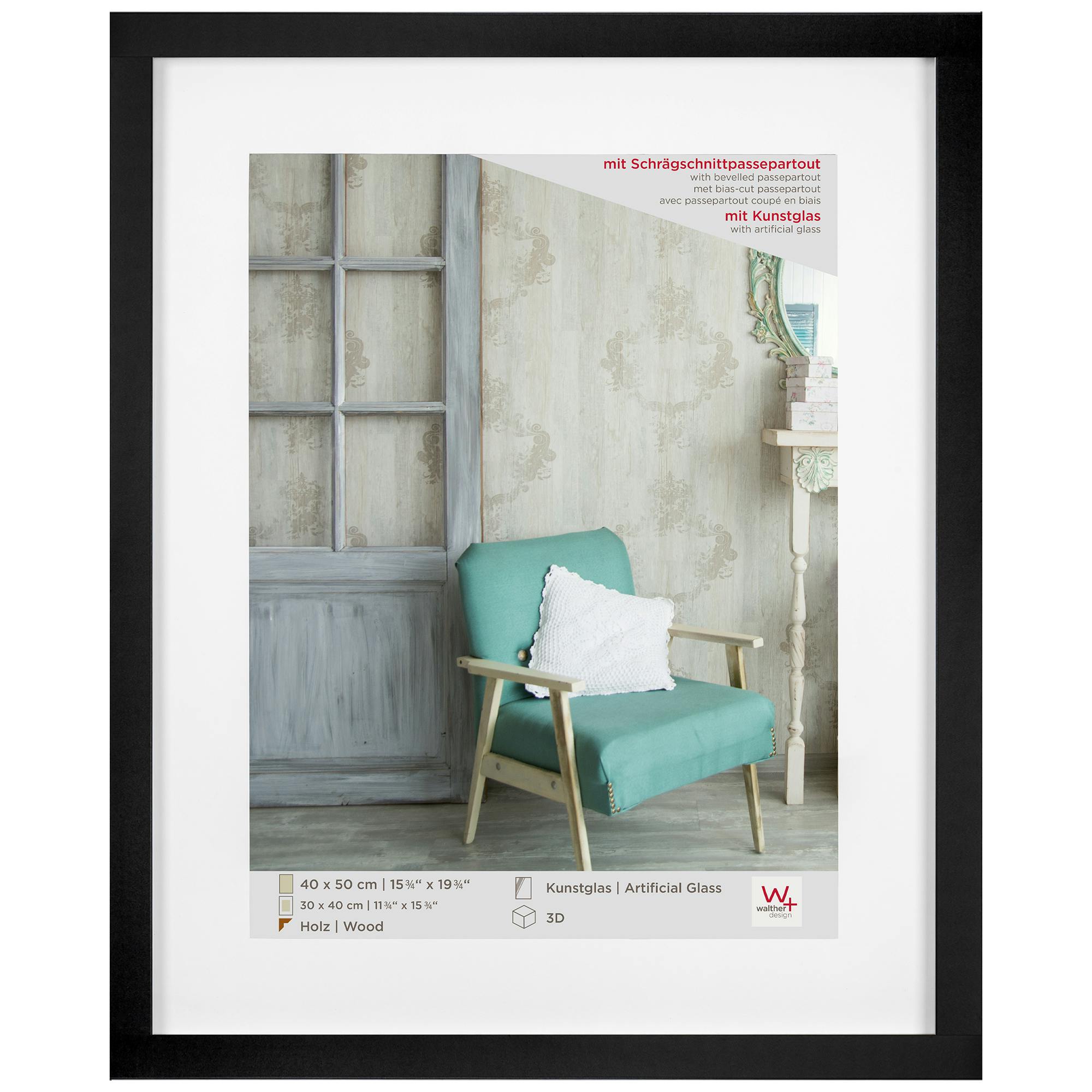 Stockholm 3D Holz Bilderrahmen 40x50 cm SCHWARZ mit Kunstglas | METRO