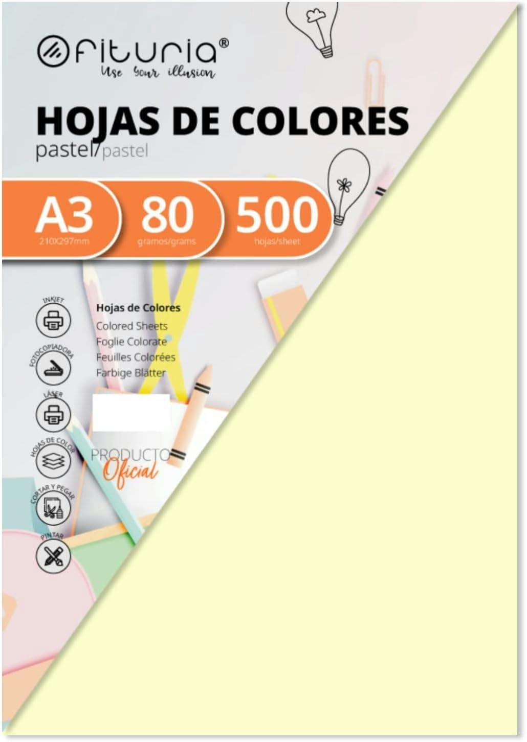 Pack de 500 Hojas, Color Crema Tamaño A3 80g, Colores Intensos para ...