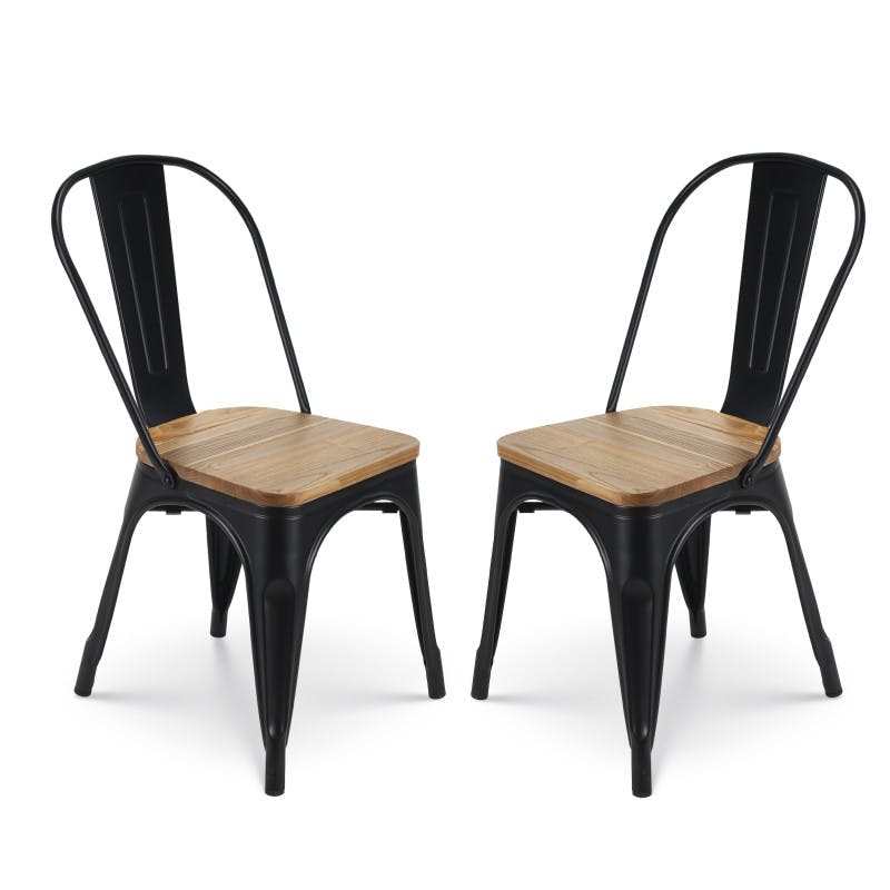KOSMI - Conjunto de 2 sillas de metal negro mate con asiento de madera ...