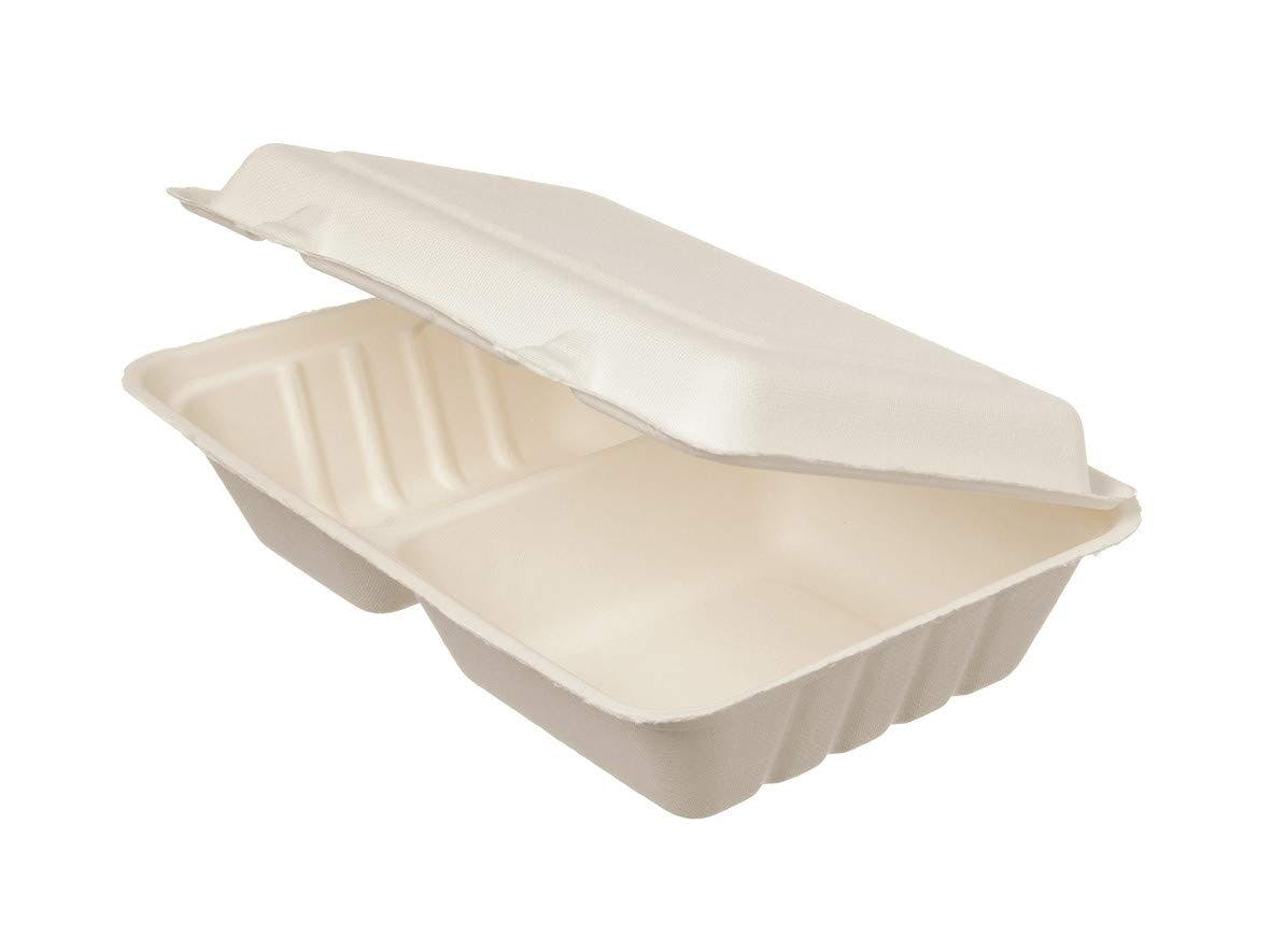 DeinPack Bio Einweg Bagasse Lunch-Box 2-geteilt mit Klappdeckel 650 ml I 50 Menüschalen ...