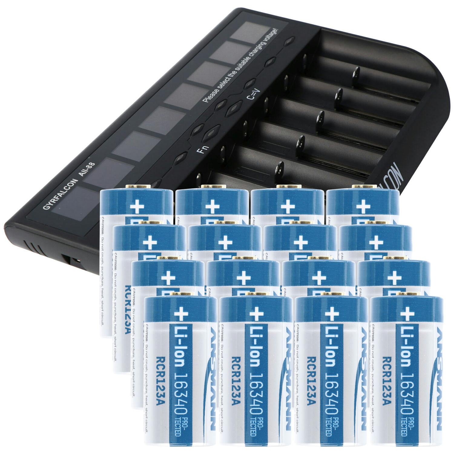 8fach Schnell-Ladegerät und 16 Stück CR123 A Li-Ion Akku mit 3,6V, 3,7 Volt, 850mAh | METRO