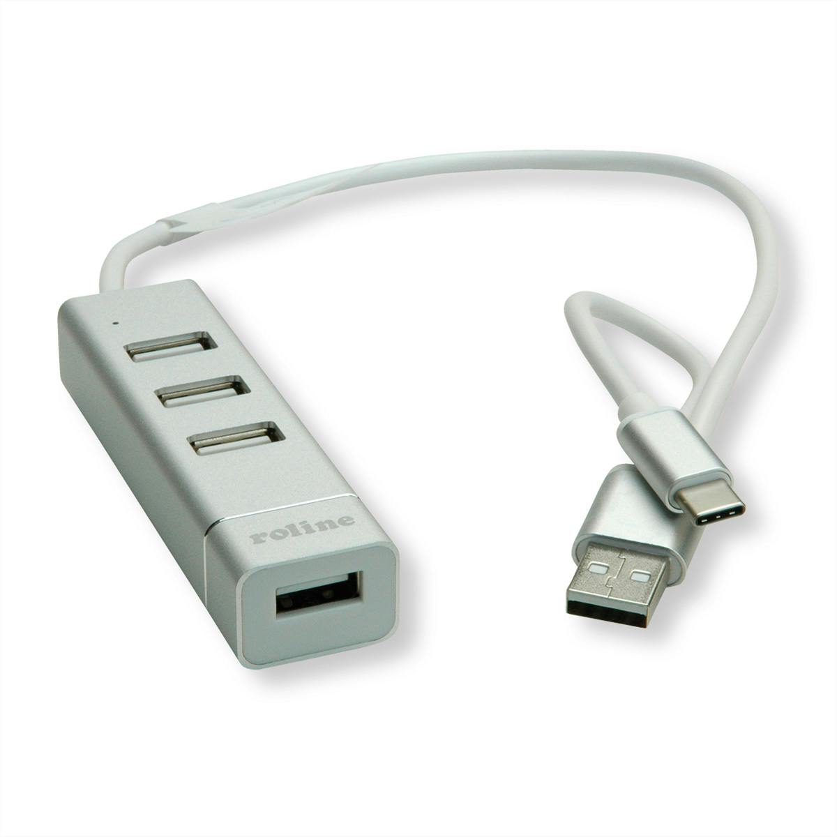 ROLINE USB 2.0 notebook hub, 4 poorten, type A+C aansluitkabel | Makro
