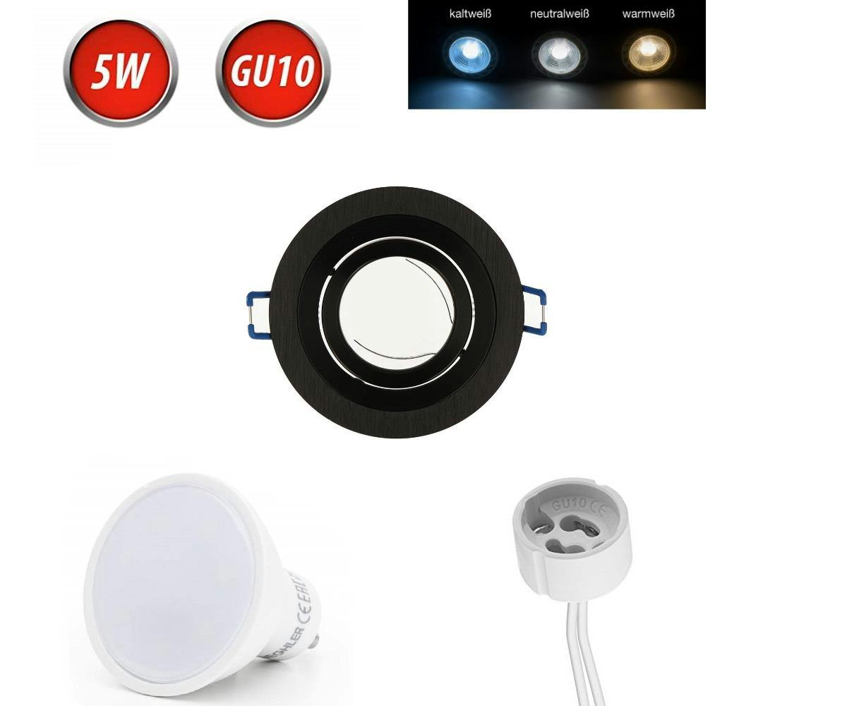 Einbaustrahler GU10 35° Schwenkbar Ø85mm Bohrloch Alu GU10 5W Warmweiß 350 lm LED Schwarz Rund ...