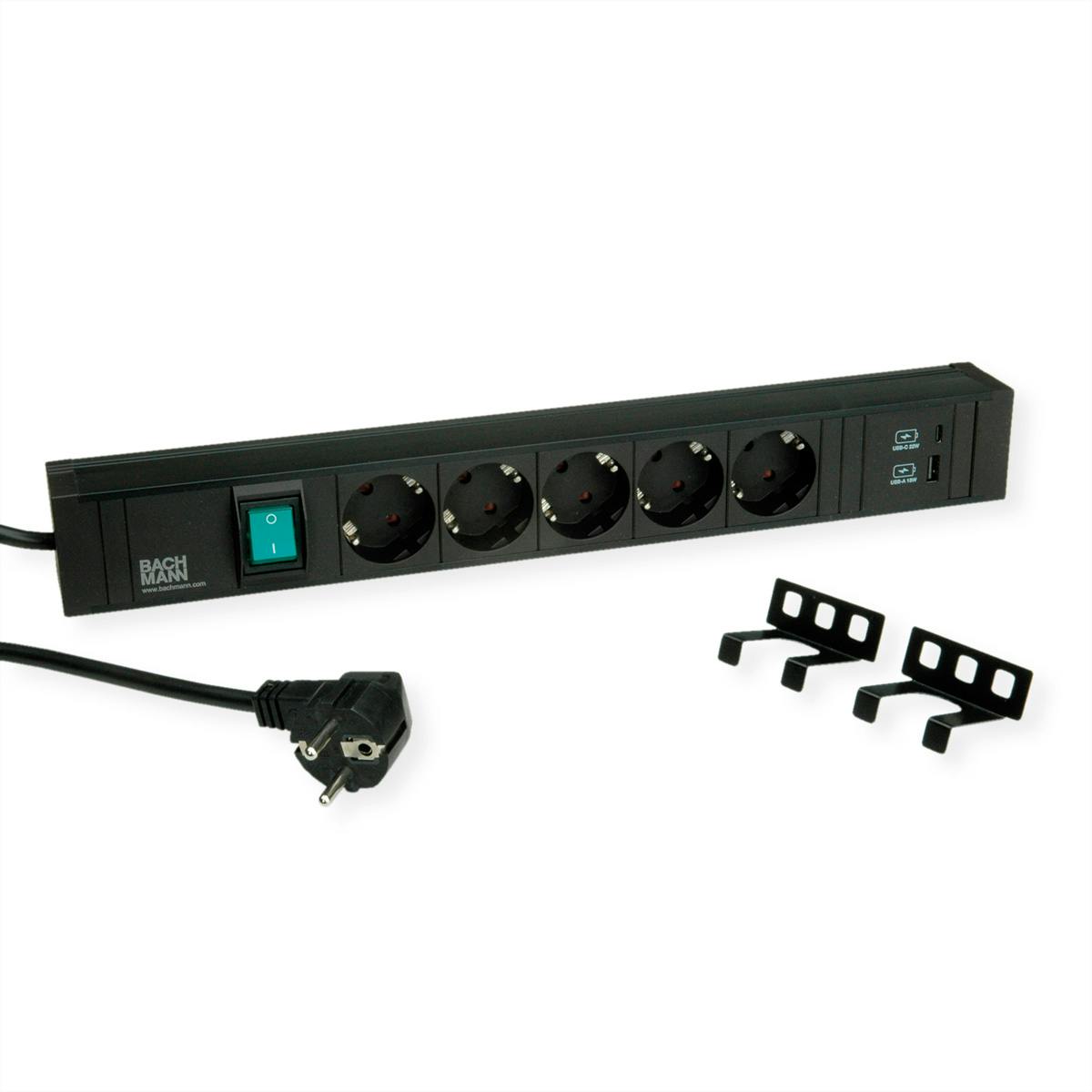 BACHMANN CONNECT LINE 5xbeveiligd contact, USB A&C schakelaar 22W, zwart | Makro