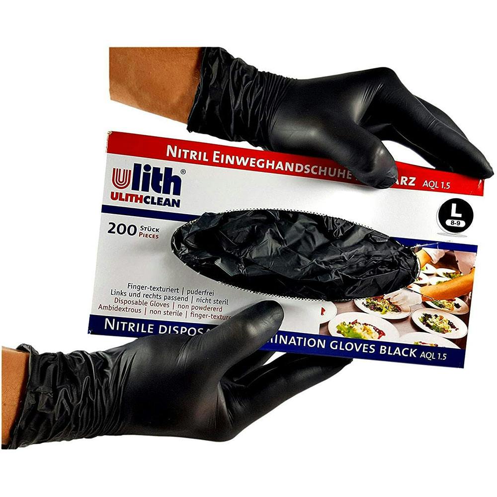 ULITH 200 Stück Gr. L, 8-9 Nitril Einweghandschuhe puderfrei SCHWARZ ...