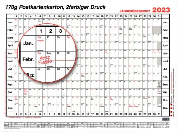 Jahresübersicht DIN A2, Tagesfeld 1,5 x 2,5 cm, Größe: 60 cm x 42 cm ...