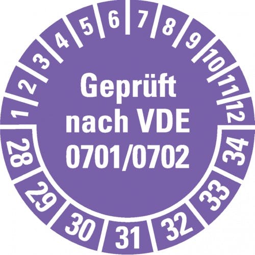 Dreifke® Prüfplakette geprüft nach VDE 0701, 28-34, violett, Dokumentenfolie, Ø30mm, 500 Stk ...