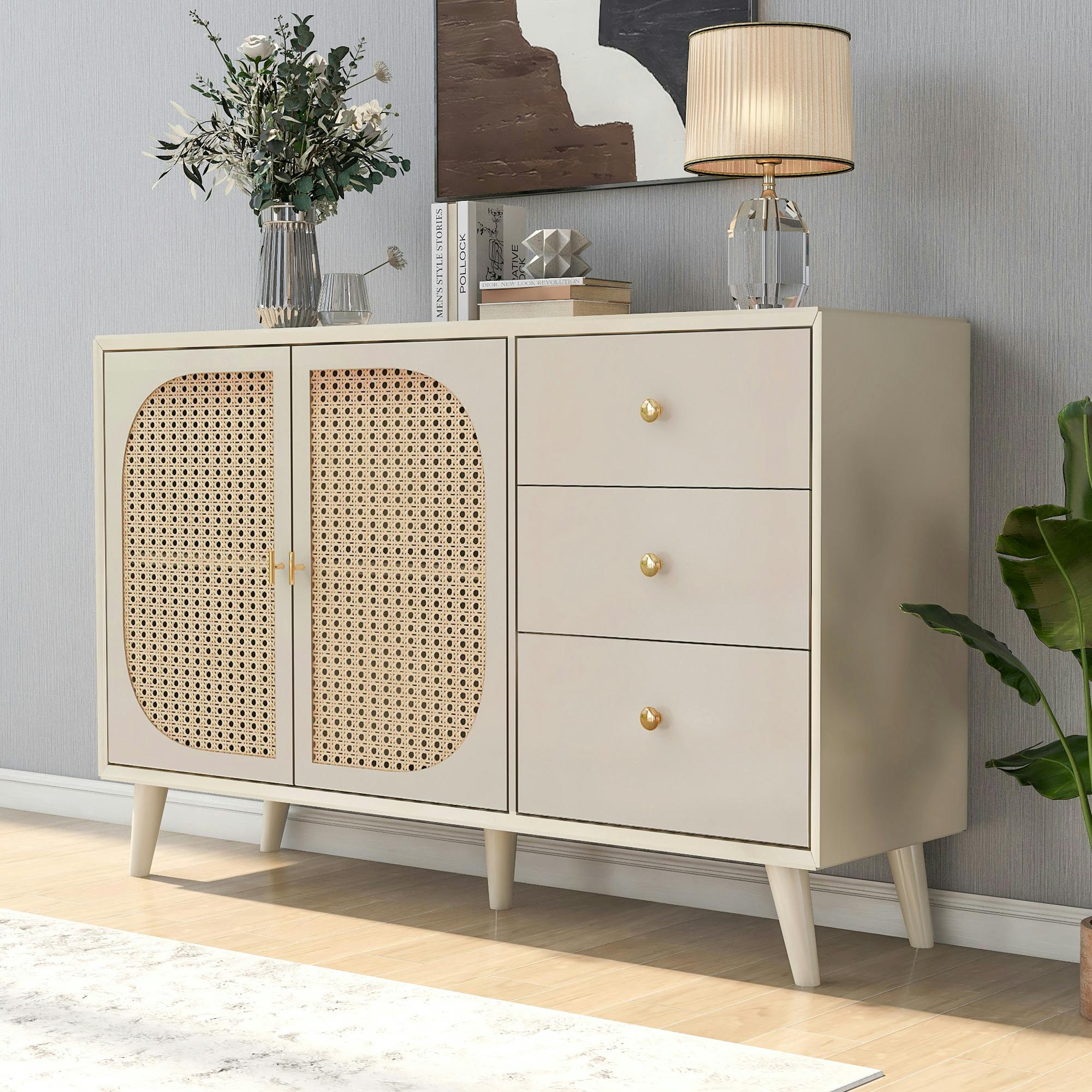 Sideboard 120x40x82 Cremefarben mit 2 Holztüren, 3 Schubladen, PE ...