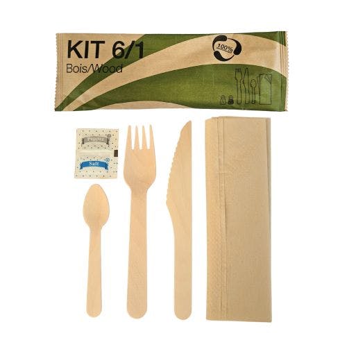 Sets couverts bois 6/1 sachet papier (couverts, sel, poivre, serviette ...