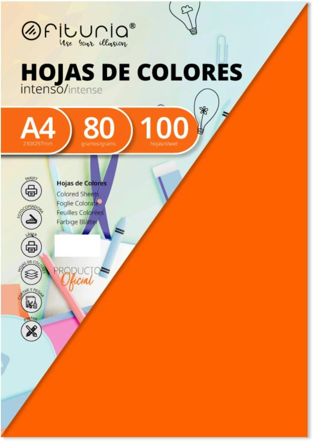 Ofituria Pack de 100 Hojas, Color Naranja Tamaño A4 80g, Colores ...