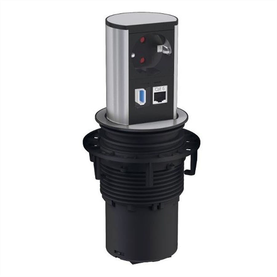 BACHMANN ELEVATOR 1x geaard stopcontact, 1x CAT6, 1x USB 3.0, Roestvrij staal | Makro