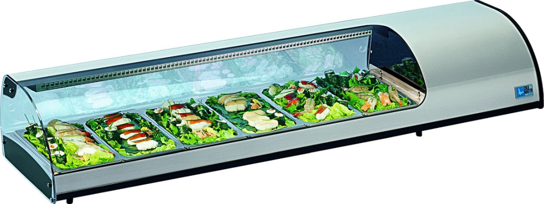 Vitrina para sushi KBS 1437 x 380 x 255 mm 6 paneles de cristal correderos GN 1/3 refrigeración ...
