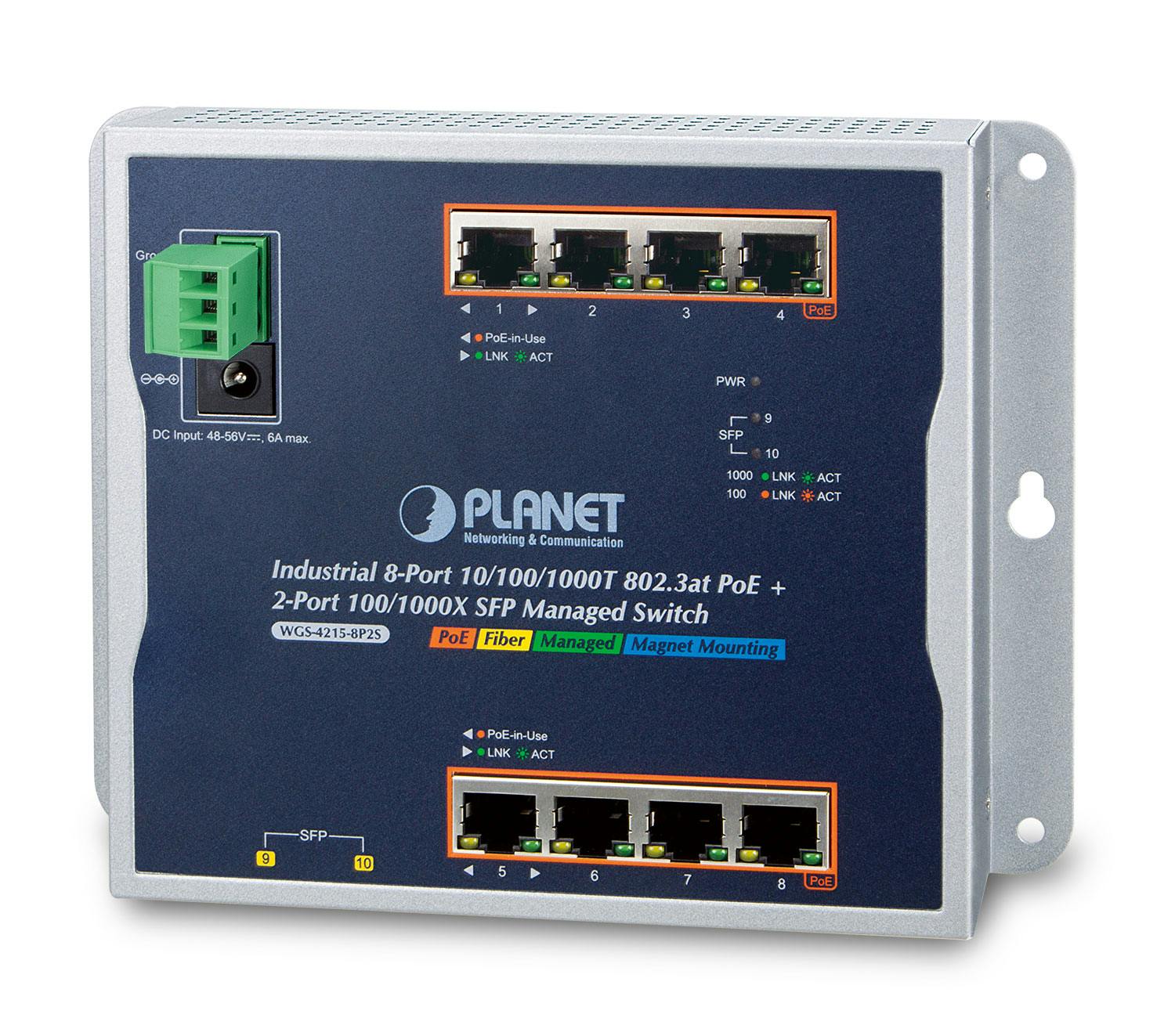 PLANET Industrial 8-Port Gigabit PoE Wall-mount Switch & 2-Port SFP ...