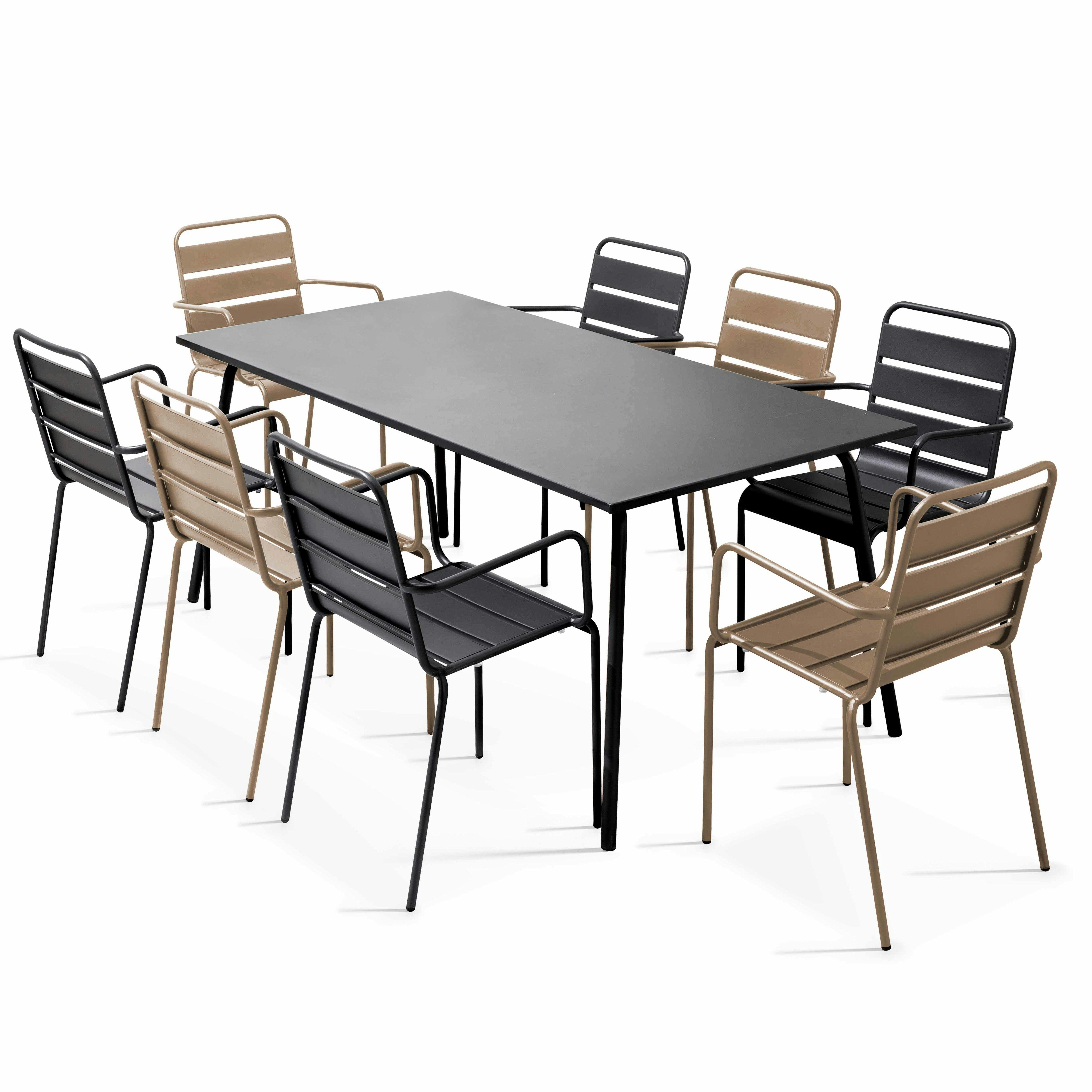 Set van tuintafel en 8 grijze en taupe metalen fauteuils | Makro