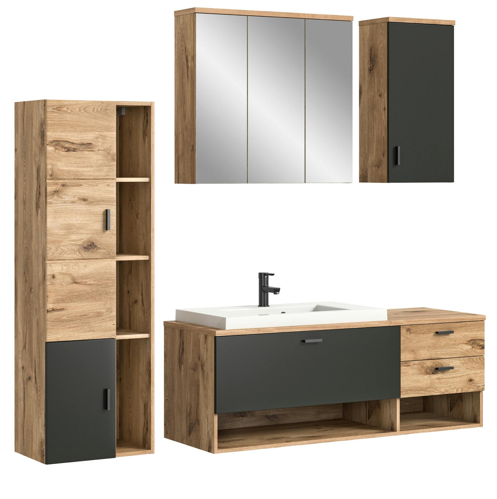 Inn.Furn Badmöbel-Set Eiche, grau matt 5-teilig 200 cm mit Waschbecken Oderzo | METRO