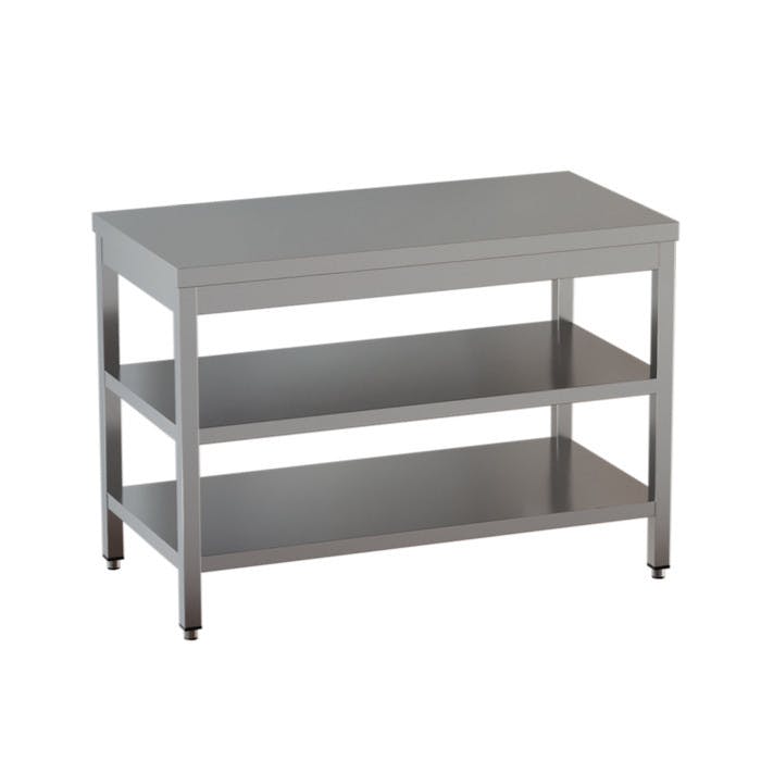 Tavolo in acciaio inox su gambe con 2 ripiani L130xP70xH85 cm | METRO