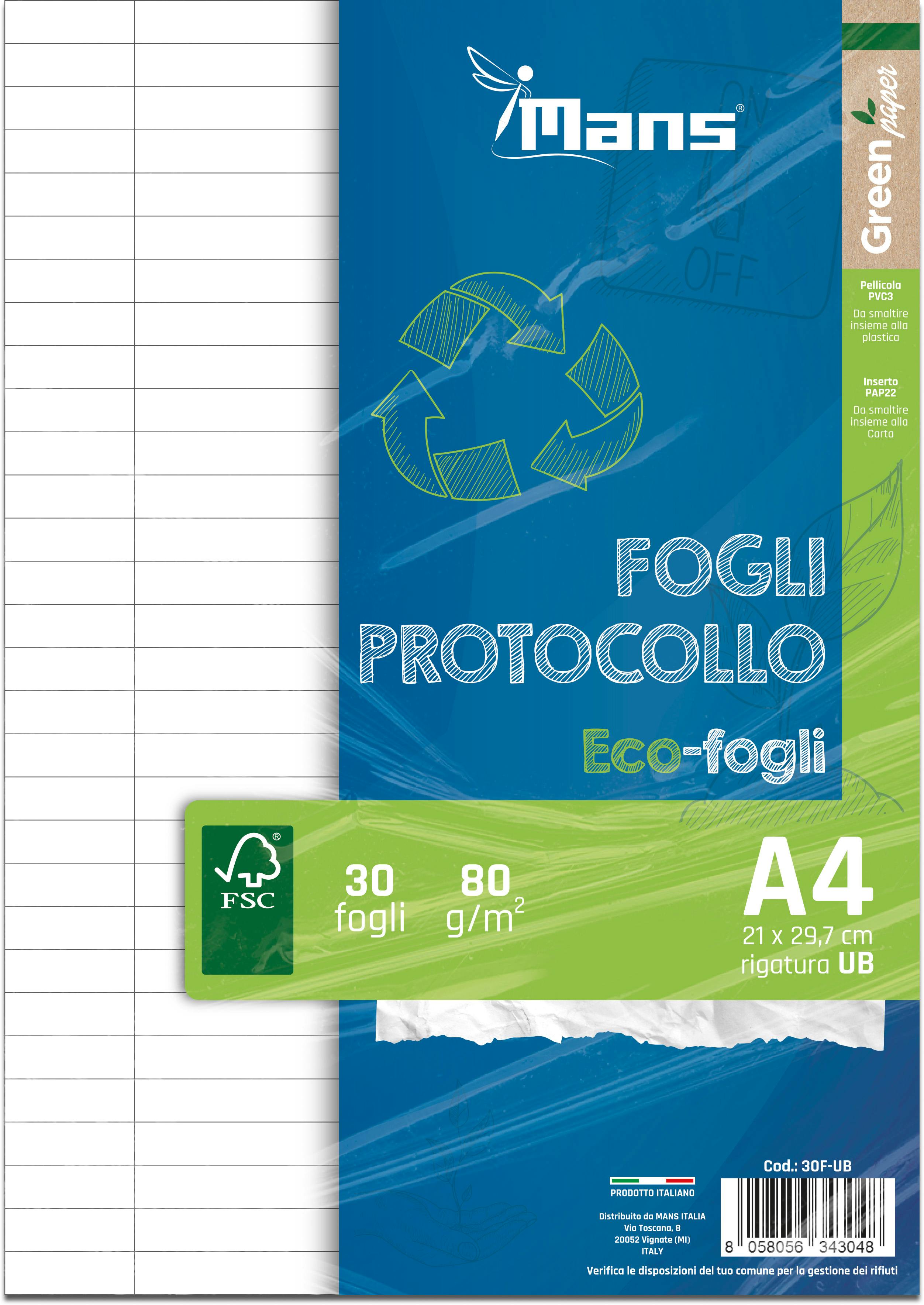 Mans, 30 pezzi, fogli protocollo, carta 80gr , f.to 21x29,7 cm ...